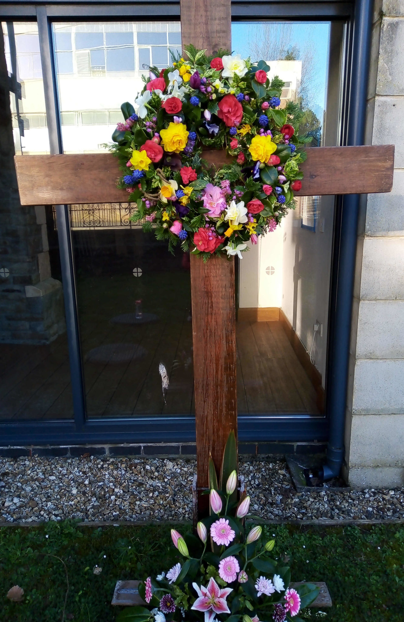 Decorated Cross outside Church on Easter Sunday – Uniting Church Sketty
